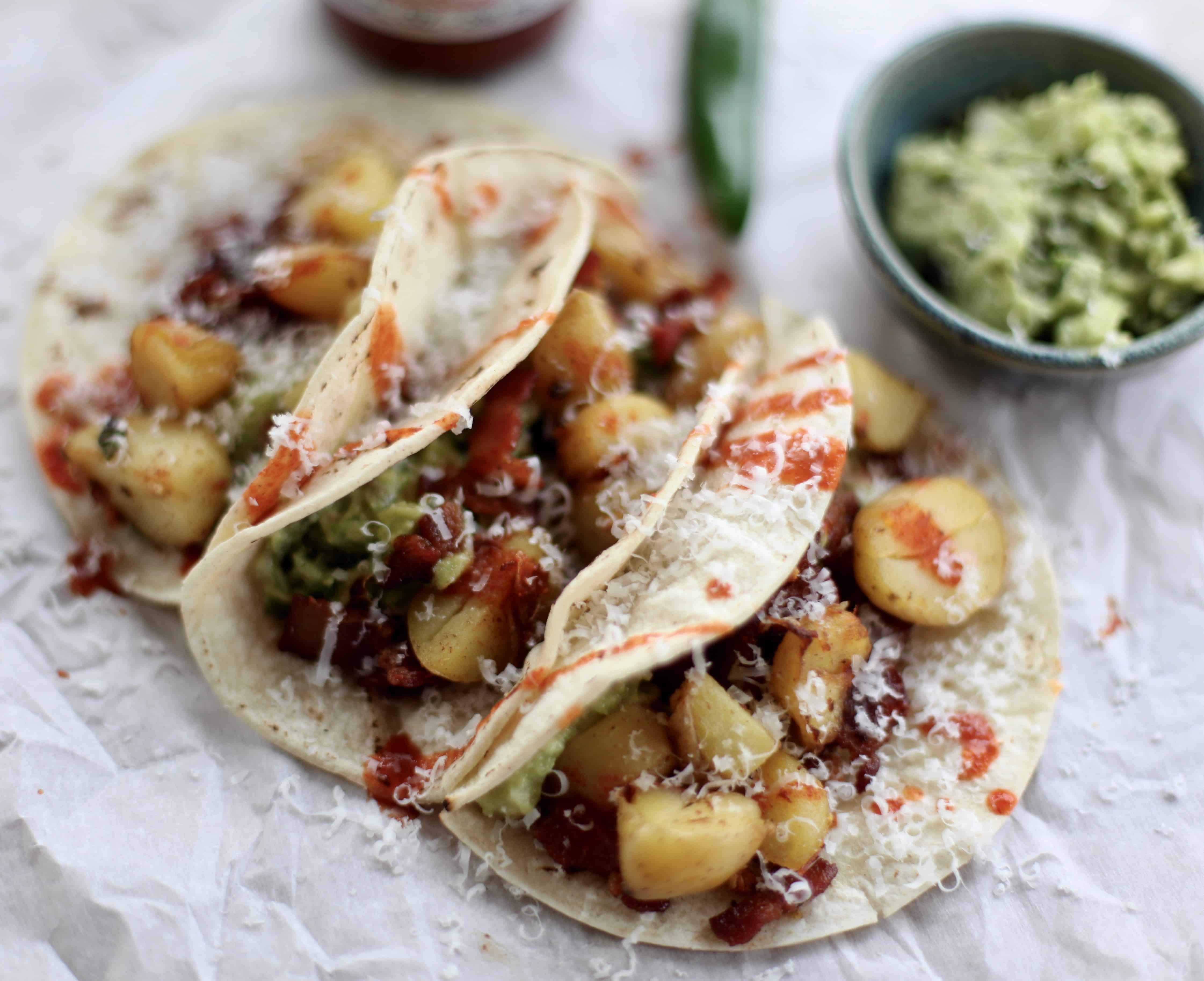 Bacon and Potato Tacos with Roasted Poblano Guacamole - My Tasty Trials